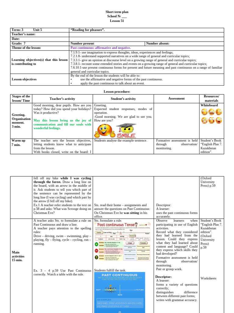 Lesson Plan: Past Continuous for Grade 7 | PDF | Cognitive Science ...