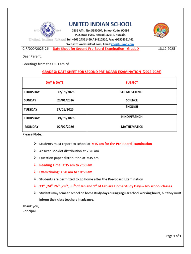Grade X Pre-Board Exam Date Sheet 2026 | PDF