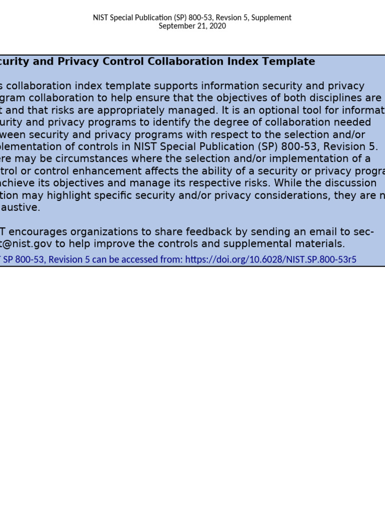 NIST SP 800-53 Collaboration Index Template | PDF | Security | Computer ...