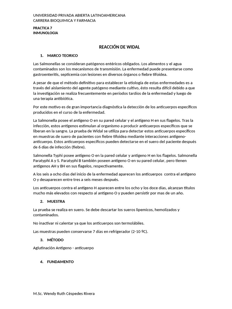 PRACTICA 8 - Reaccion de Widal | PDF | Salmonela | Biología