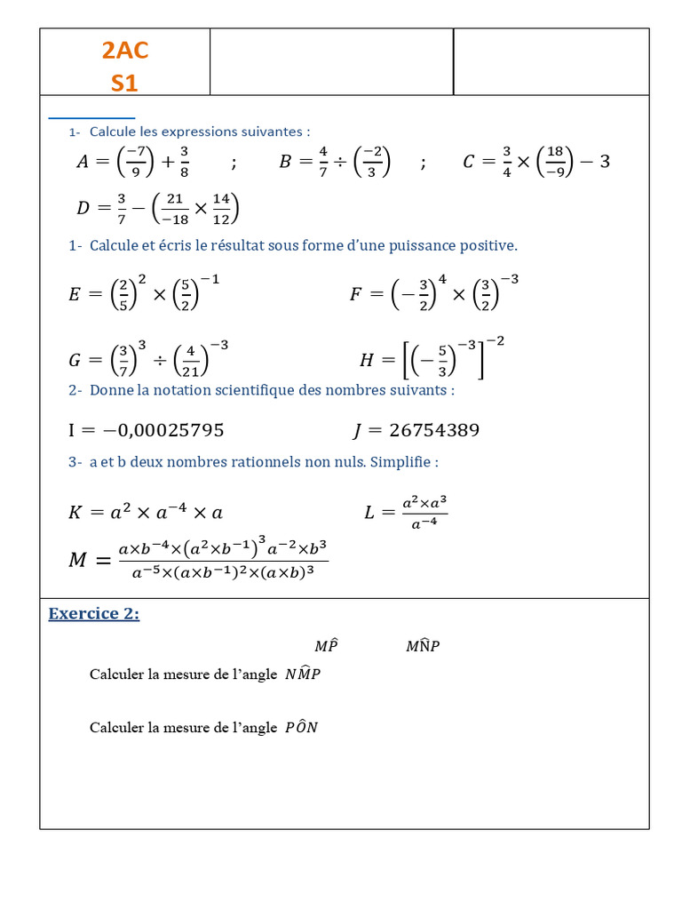 Exercices de mathématiques 2AC S1 | PDF