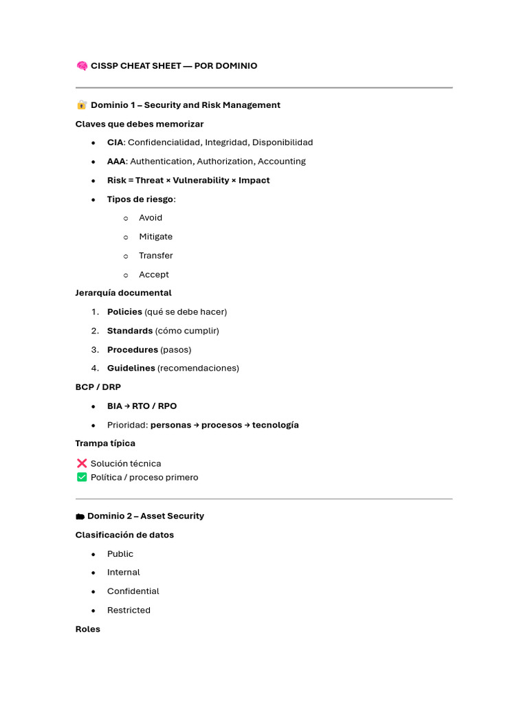 CISSP CHEAT SHEET POR DOMINIO | PDF | Técnicas de espionaje | Telecomunicaciones