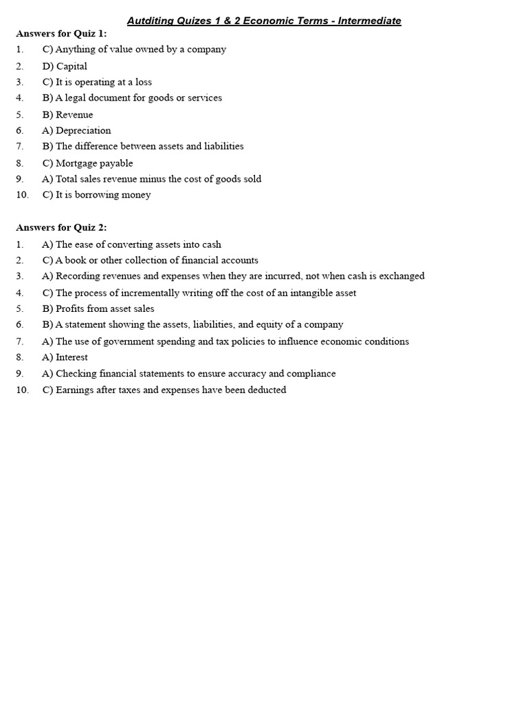 Autditing Quizes 1 & 2 Economic Terms - Intermediate ANSWERS | PDF