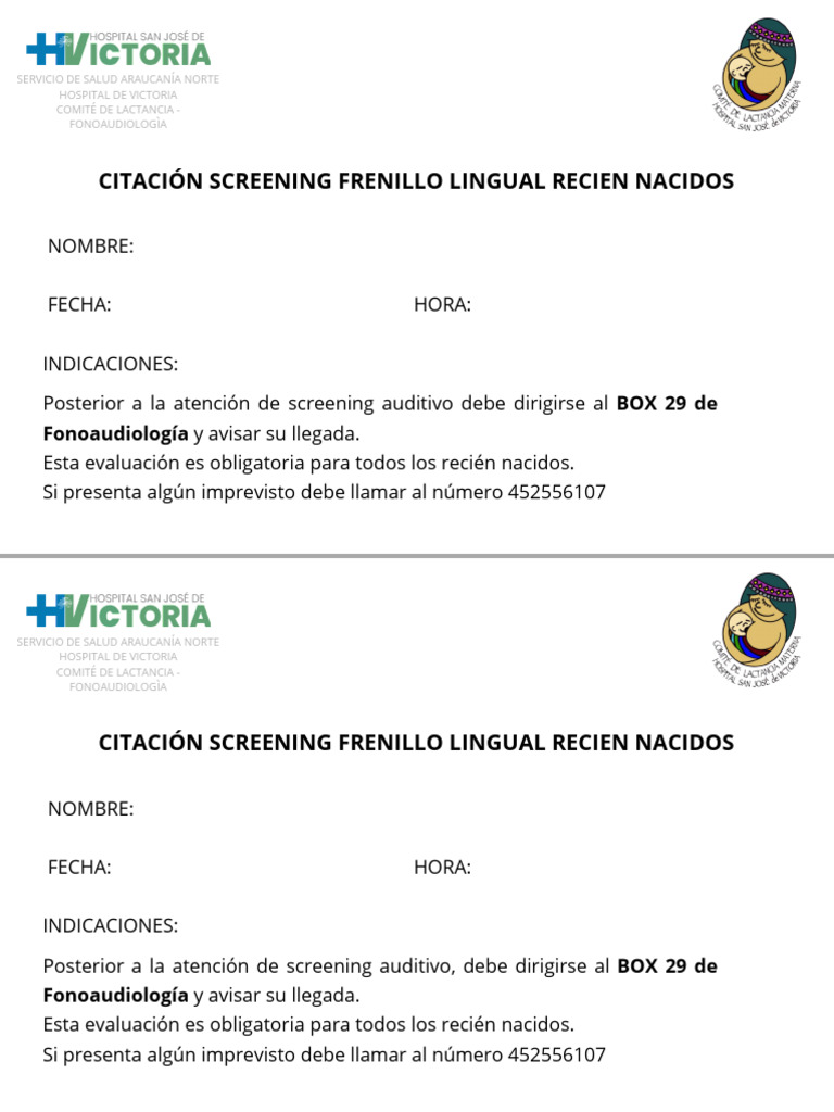 Screening Frenillo Lingual Comite | PDF