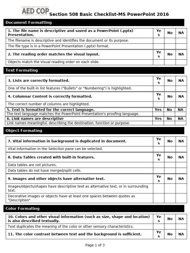 MS PowerPoint 2016 Printable Accessibility Checklist-AED COP | PDF ...