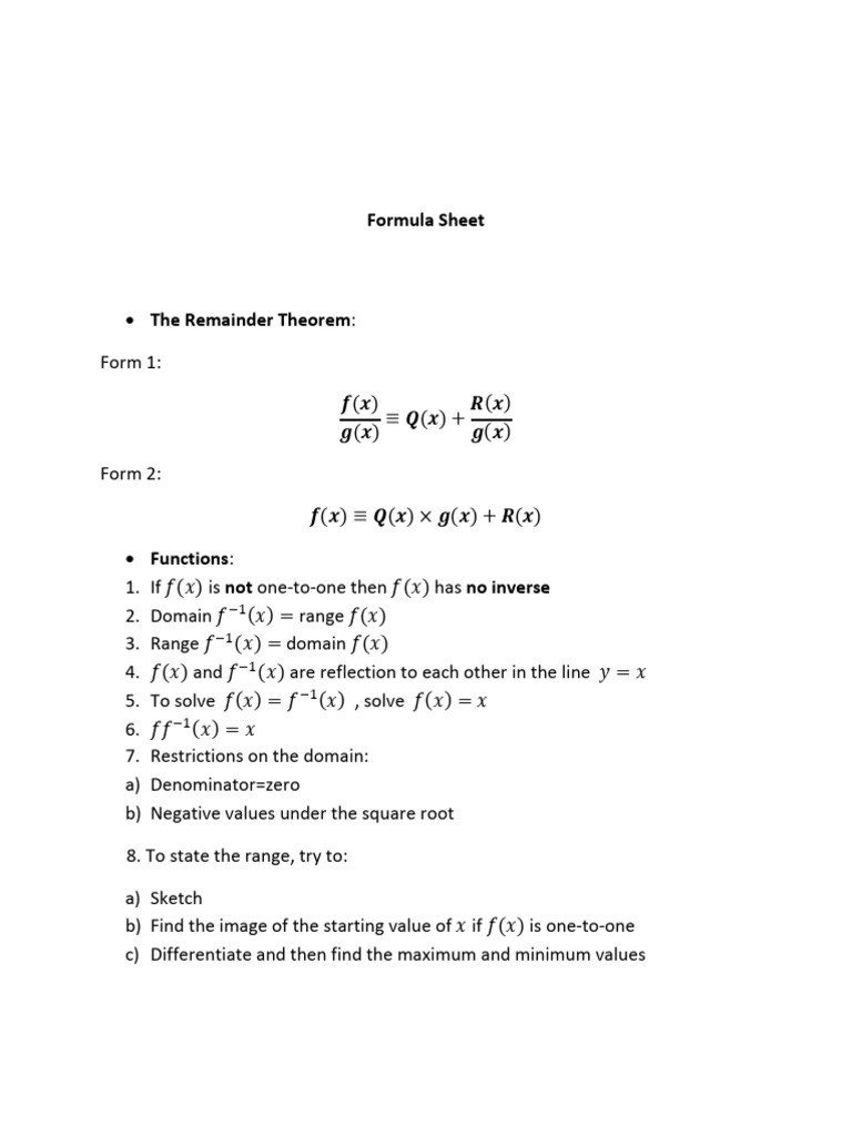 Mathematics P3 Formula Sheet | PDF | Function (Mathematics) | Asymptote