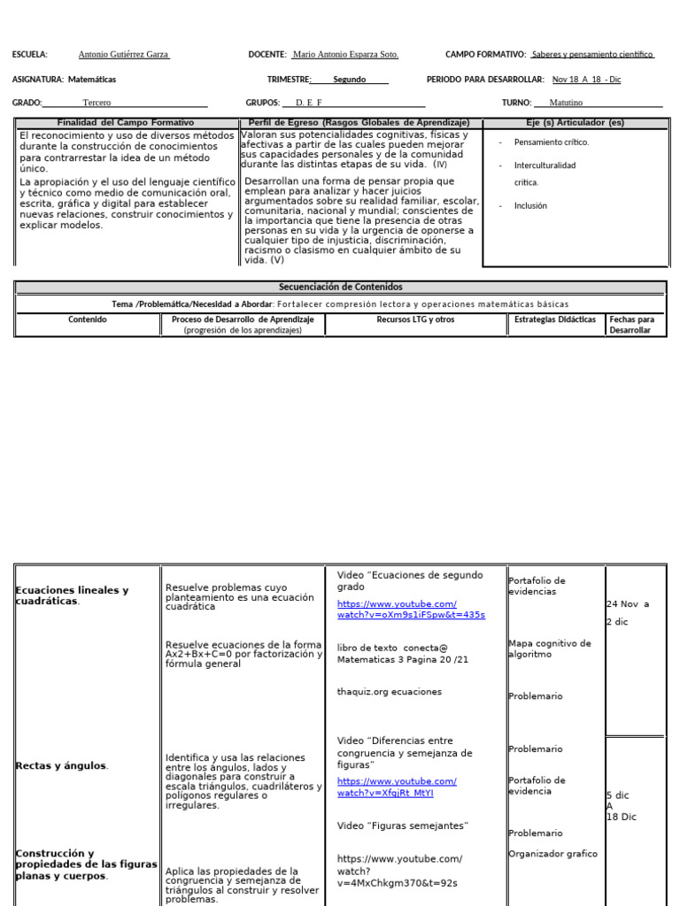 FORMATO PLANIFICACION MENSUAL | PDF | Ecuaciones | Raíz cuadrada