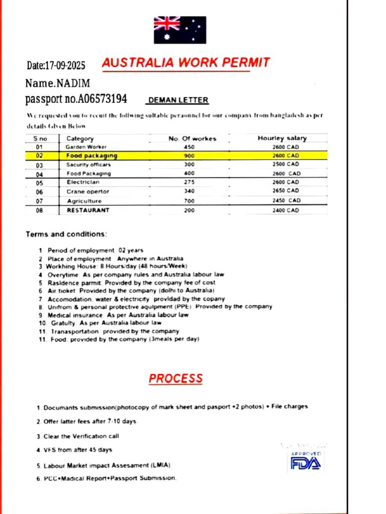 Australia Work Permit | PDF