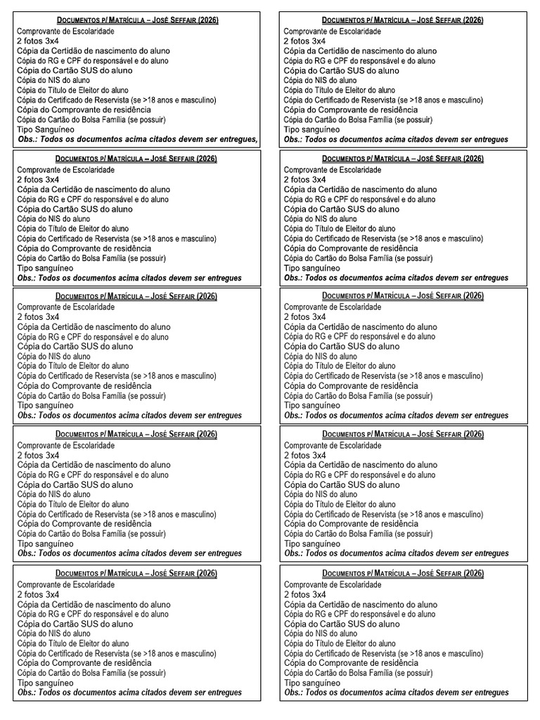 Documentos Necessários Para Matrícula (2026) | PDF | Vigilância em ...