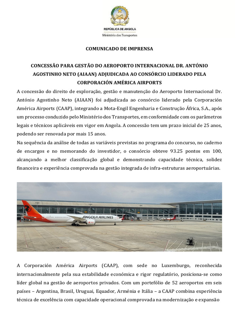 CONCESSÃO PARA GESTÃO DO AEROPORTO INTERNACIONAL DR. ANTÓNIO AGOSTINHO ...