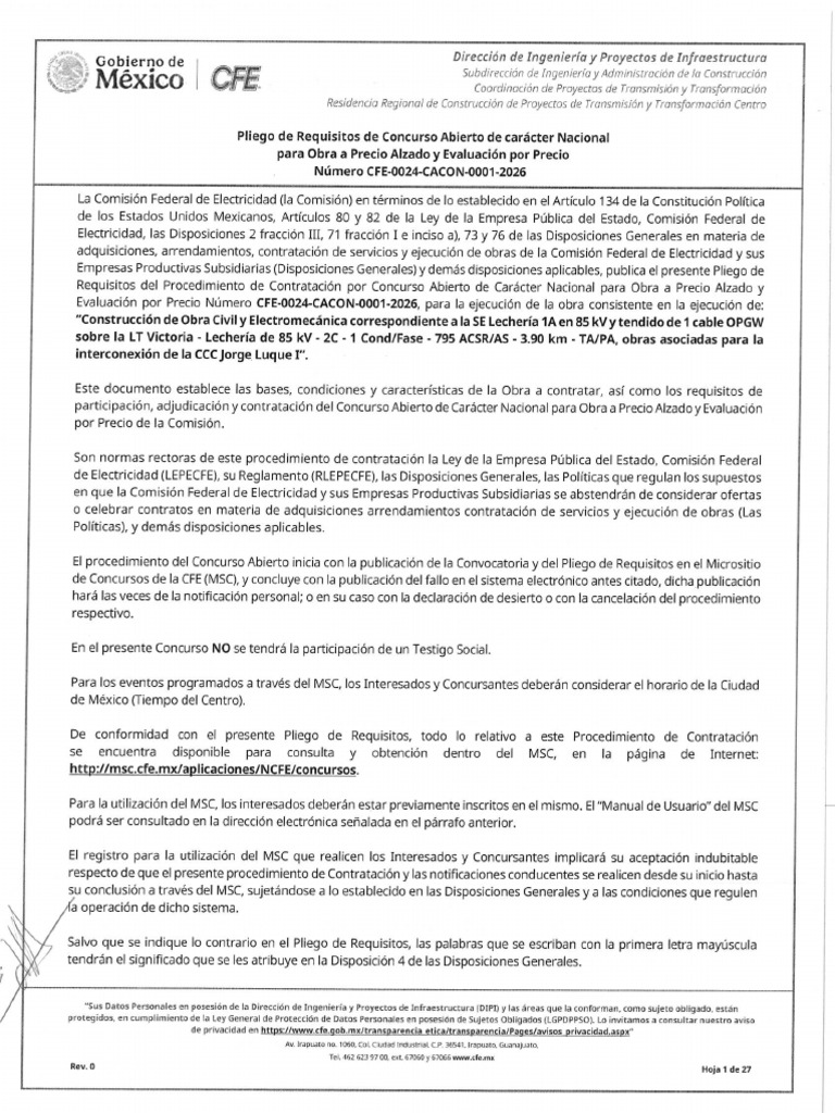 Pliego Requisitos CFE 0024 CACON 0001 2026 | PDF