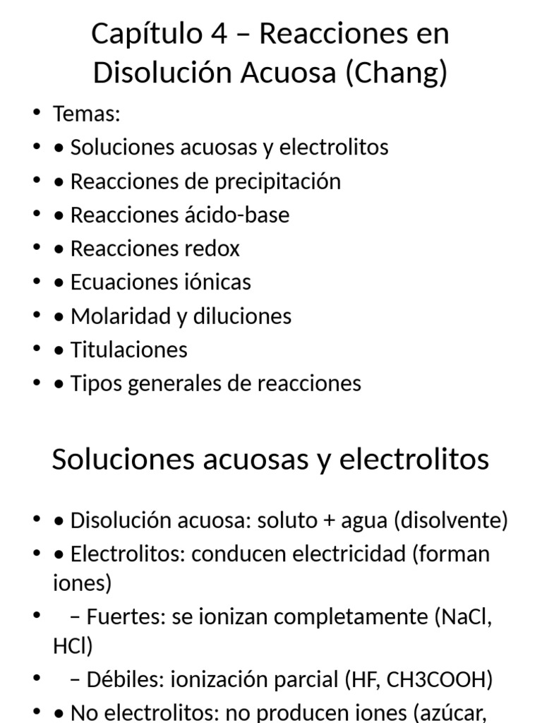 Capitulo 4 Reacciones en Disolucion Acuosa Chang - Copy | PDF | Solución acuosa | Ácido