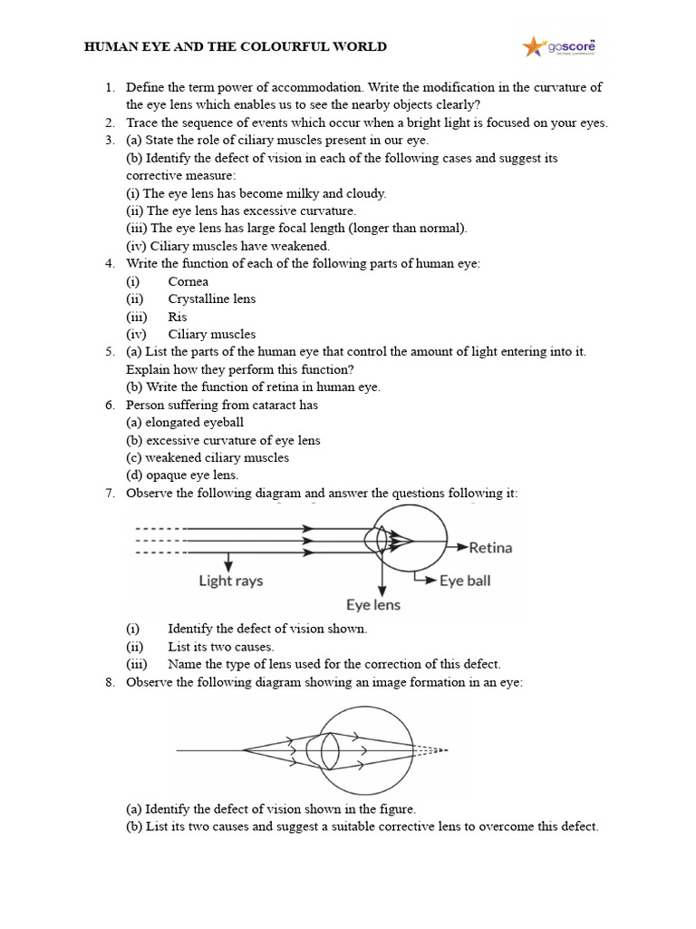 Human Eye and Colourful World Practice Questions_251217_210221 | PDF ...