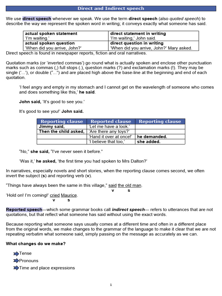 Direct and Indirect Speech 1 | PDF | Question | Clause