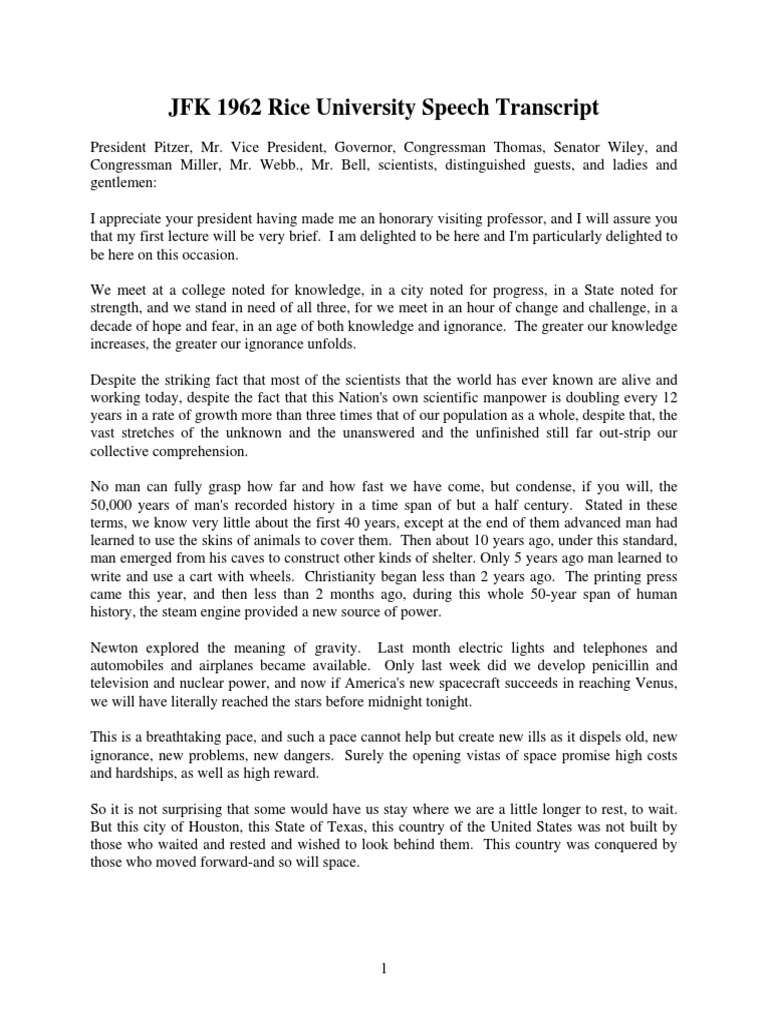 JFK 1962 Rice University Speech Transcript | PDF | Spaceflight | Outer ...