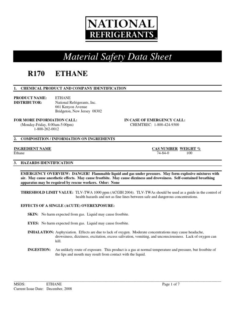 Material Safety Data Sheet: R170 Ethane | PDF