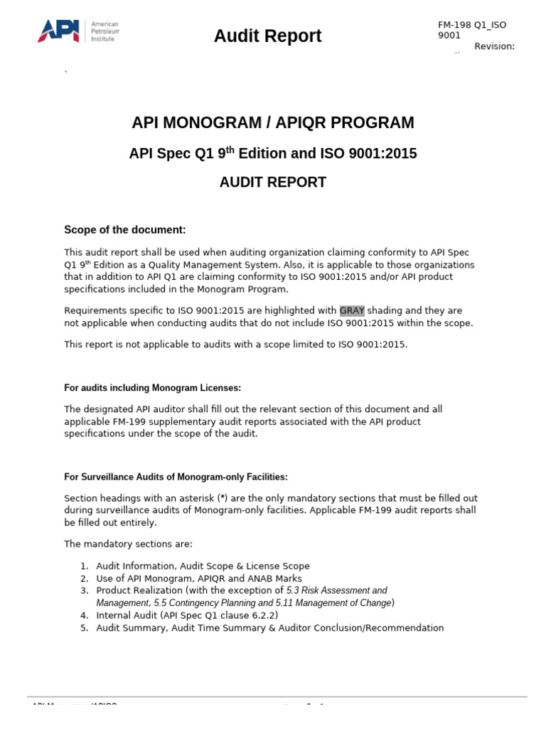 Facility 22860 Q1-Monogram-ISO Audit Template for Audit | PDF | Audit ...