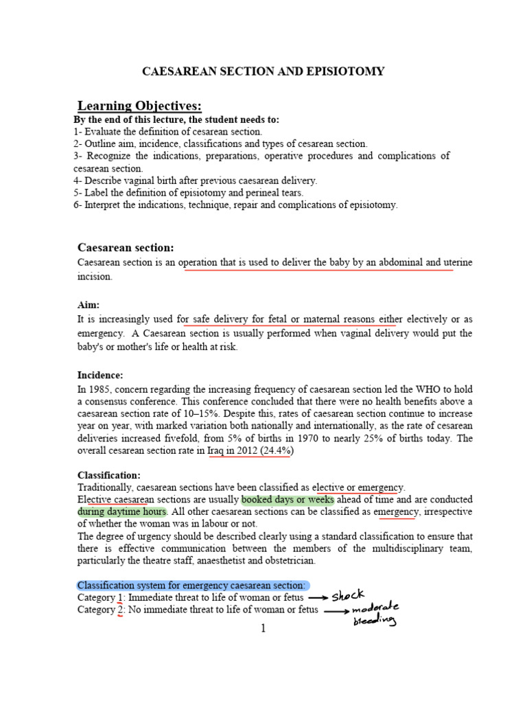 Caesarean Section & Episiotomy Overview | PDF | Caesarean Section ...