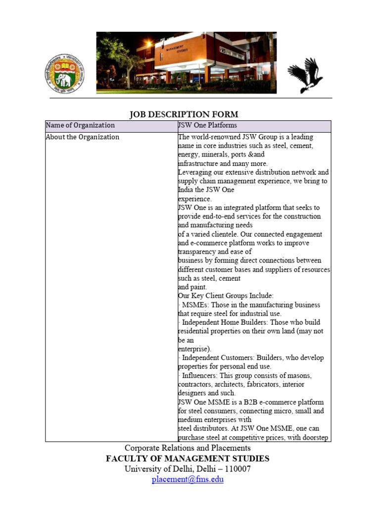 Job Description Form FMS Delhi JSW One Platform | PDF | Supply Chain ...