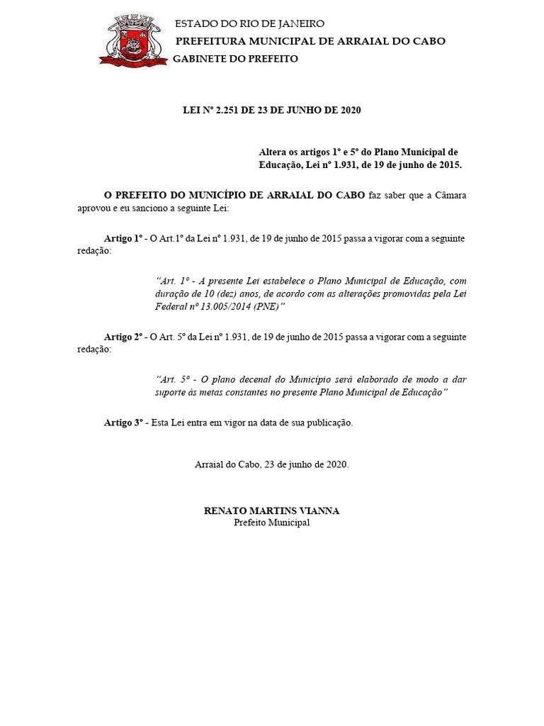 Lei Municipal Nº 2.251-2020 - Altera Os Arts 1º e 5º Do Plano Municipal ...
