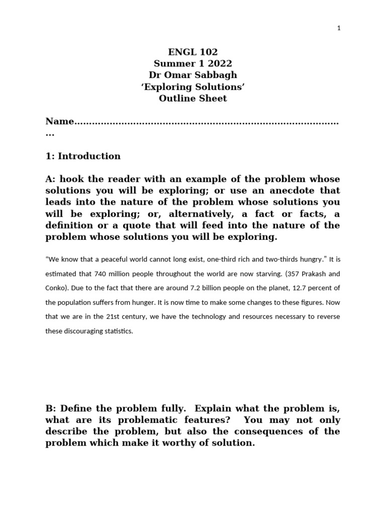 ENGL 102 Exploring Solutions Outline Sheet (3) Summer 1 2022 (1) | PDF ...