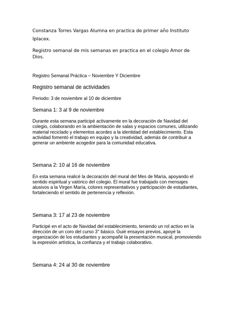 Registro Semanal Mi Pre Practica CT | PDF | Navidad