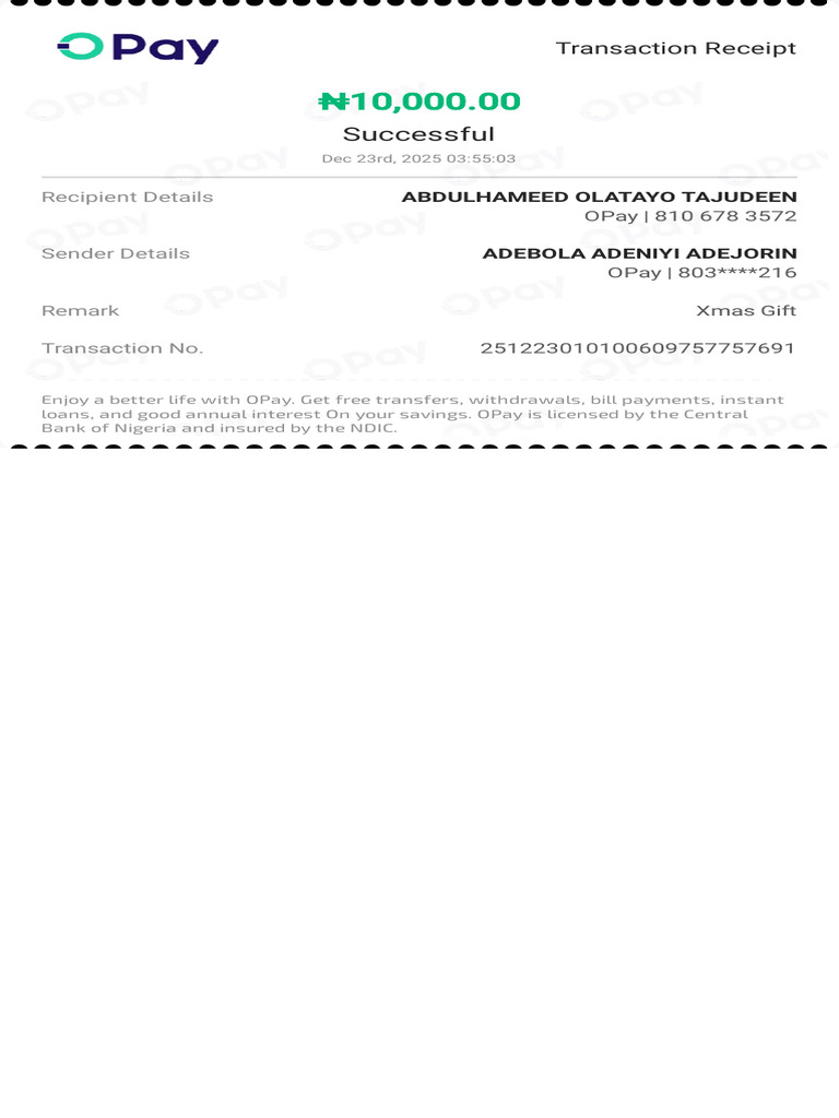 OPay Transaction Receipt - ₦10,000 Gift | PDF