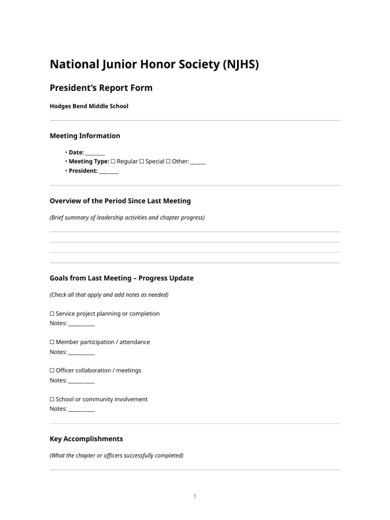 Njhs President’s Report Form | PDF
