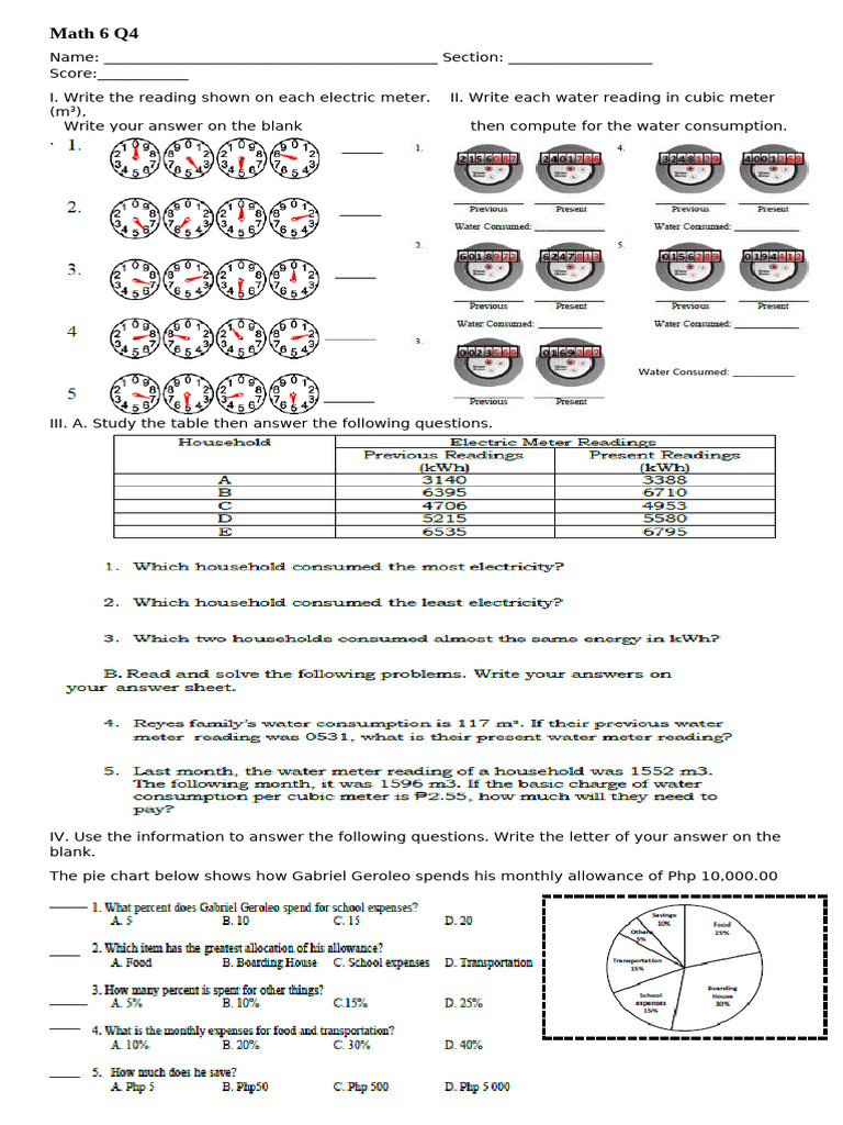 Math 6 Q4 Meter Readings and Consumption | PDF
