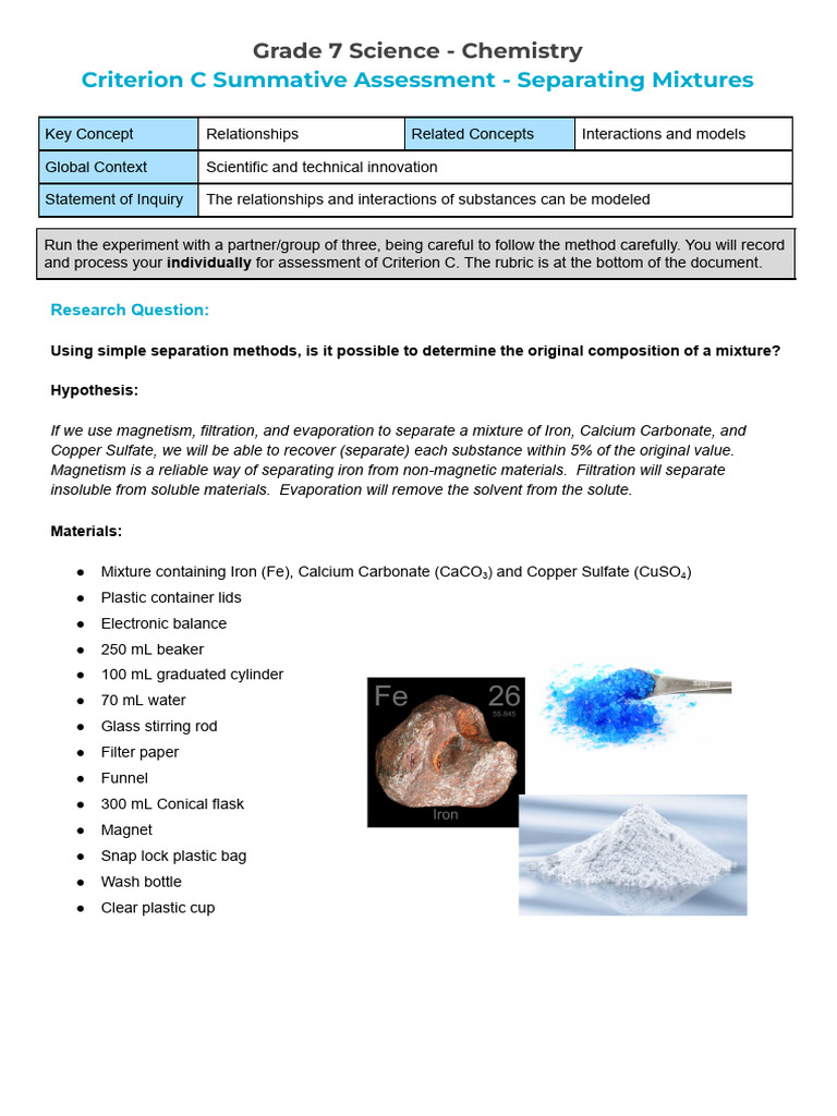 Grade 7 Chemistry: Separating Mixtures | PDF | Experiment | Filtration
