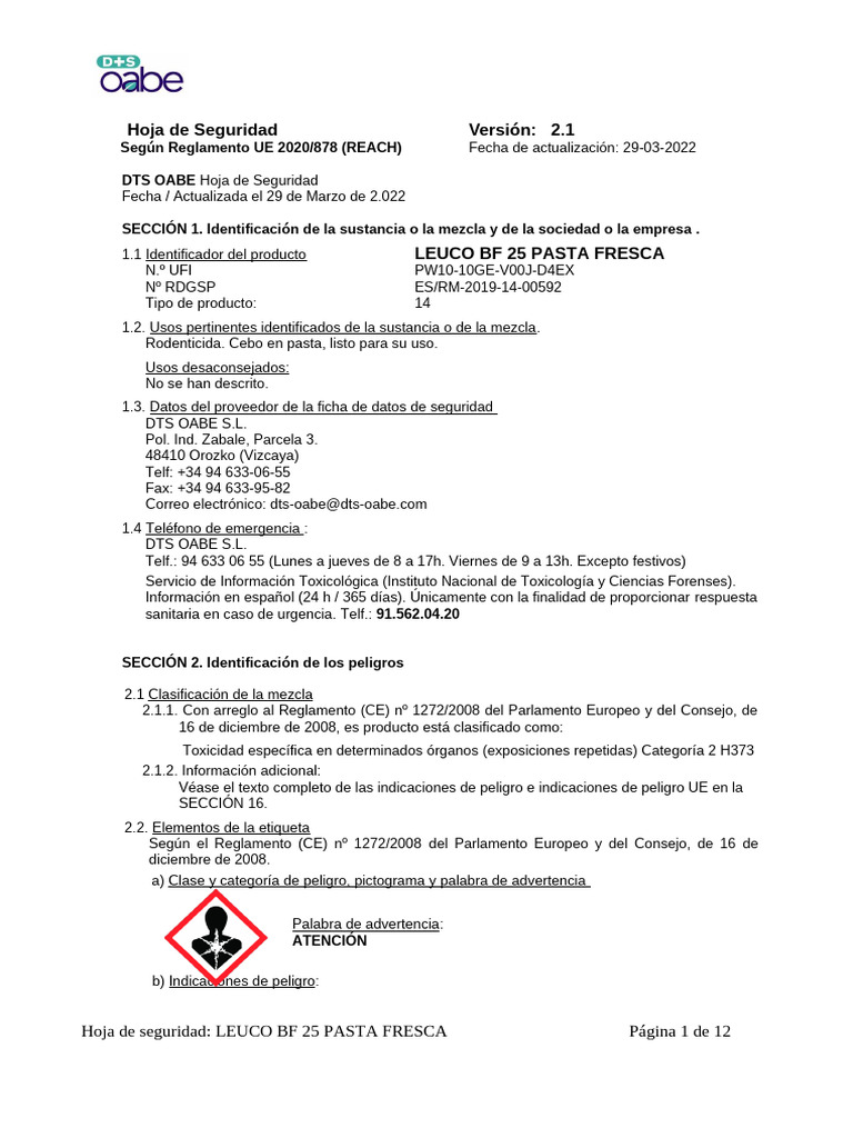 Hoja de Seguridad LEUCO BF 25 PASTA FRESCA | PDF | Agua | Residuos