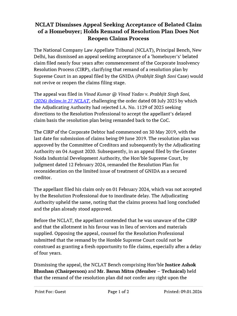 Nclat Dismisses Appeal Seeking Acceptance of Belated Claim of a ...