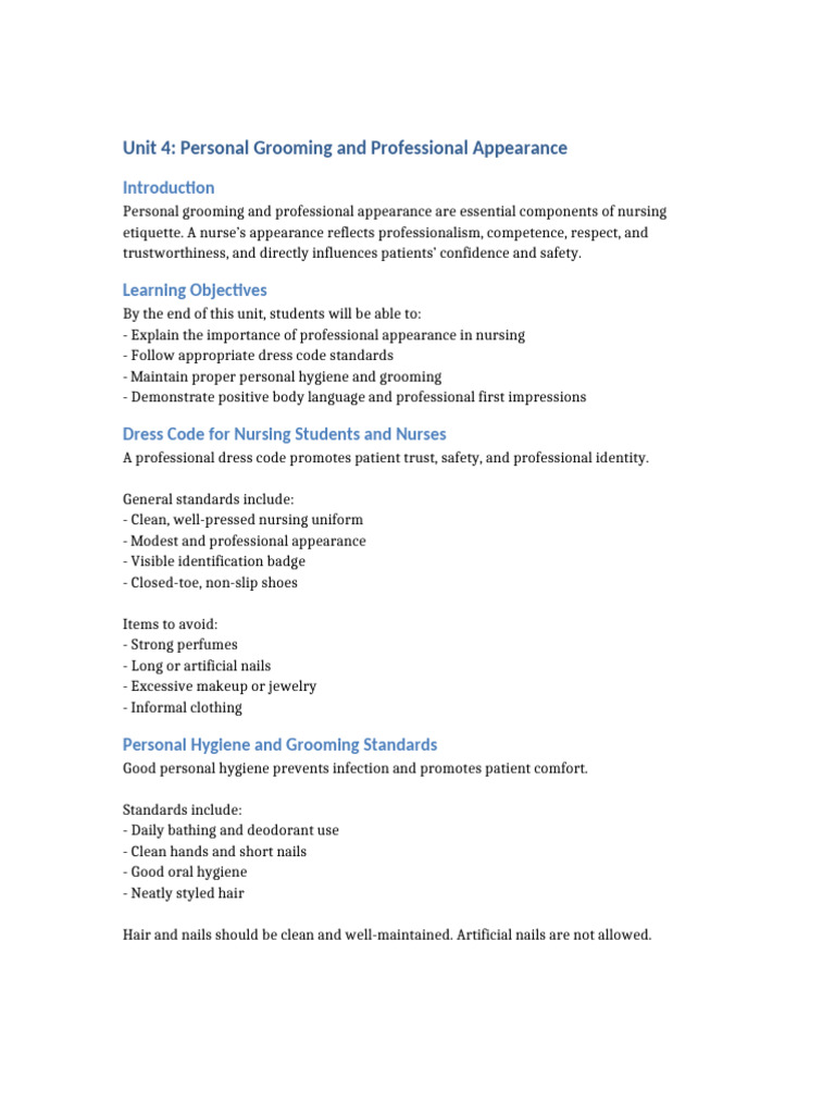 Unit_4_Personal_Grooming_Professional_Appearance_Handout | PDF | Body ...