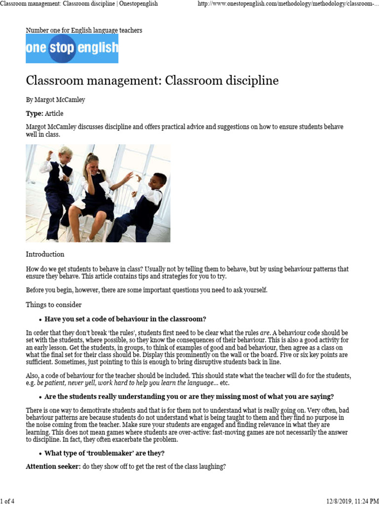Classroom Management - Classroom Discipline - Onestopenglish | PDF ...