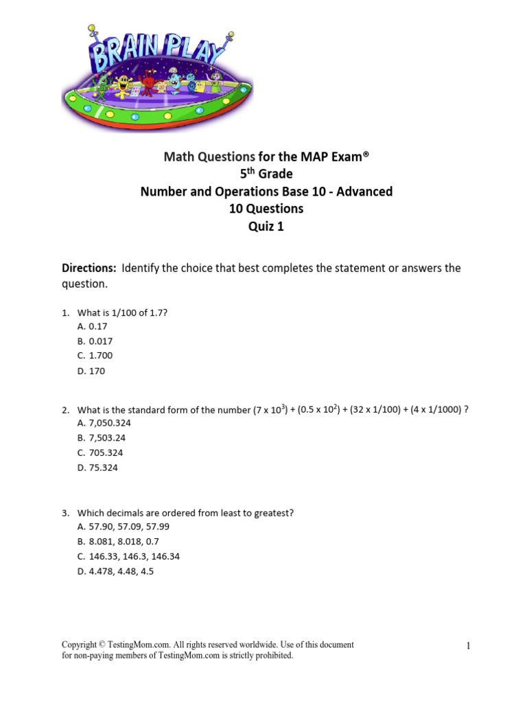 MAP 5th Grade - Math - Numbers and Operations - Advanced Quiz 1 | PDF ...