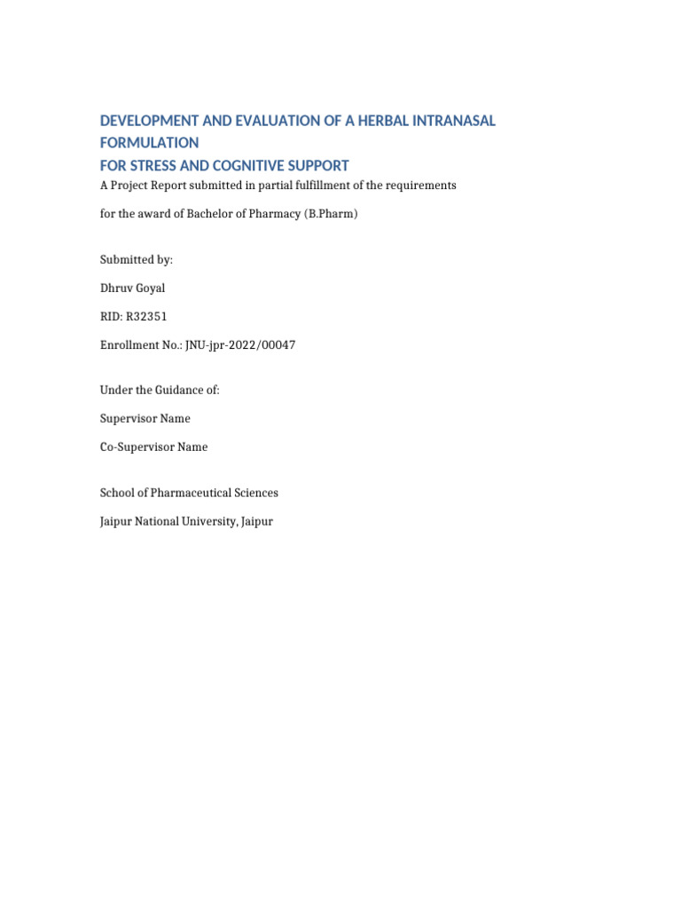 Dhruv Goyal BPharm Project Report Final | PDF | Stress (Biology) | Bioavailability