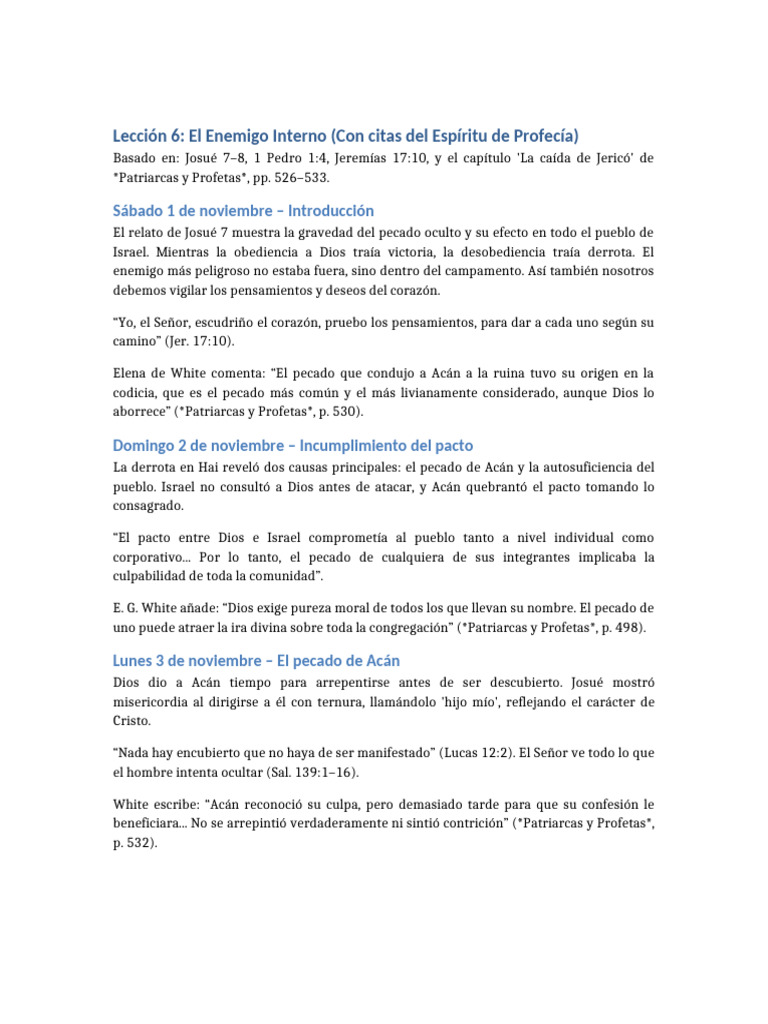 Leccion6 El Enemigo Interno EGWhite Citas | PDF | Pecado | Cristo (título)