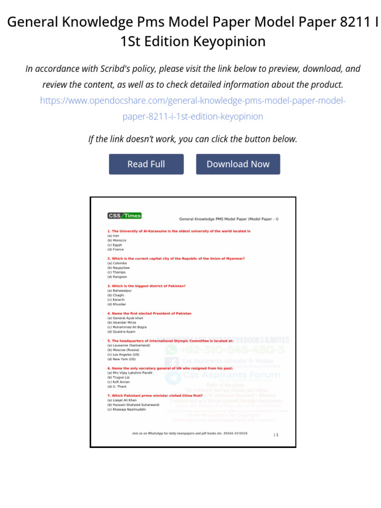 General Knowledge PMS Model Paper Model Paper 8211 I 1st Edition Keyopinion | PDF