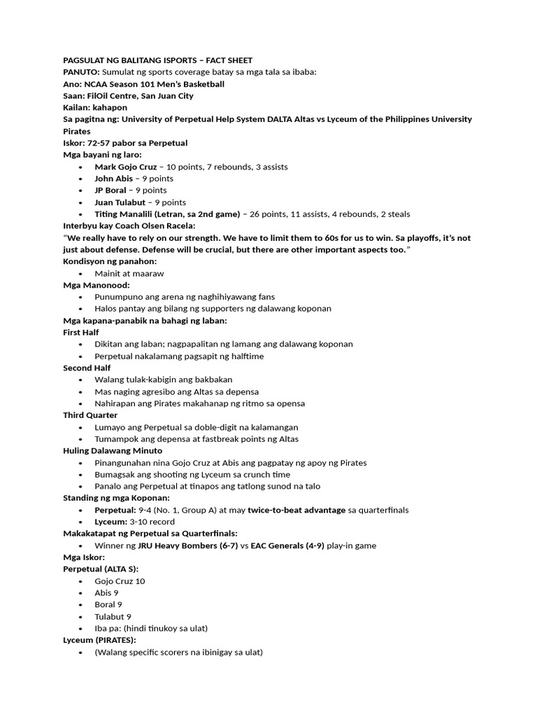 Pagsulat NG Balitang Isports | PDF