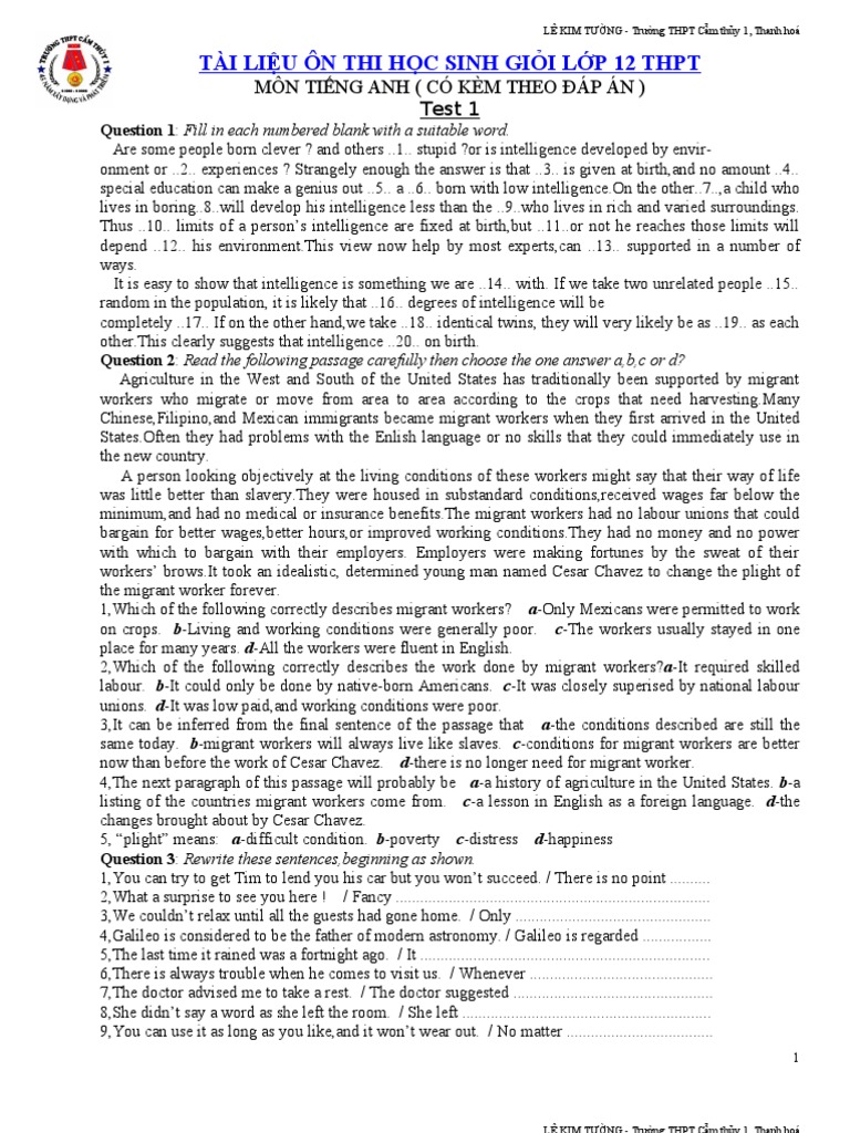 Tai Lieu On Thi HSG TAnh 12 Co KEY | PDF | Migrant Worker | Robot