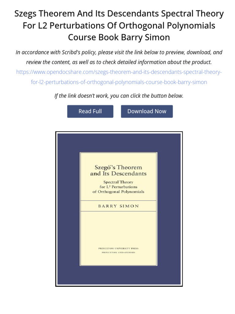 Szegs Theorem And Its Descendants Spectral Theory For L2 Perturbations ...