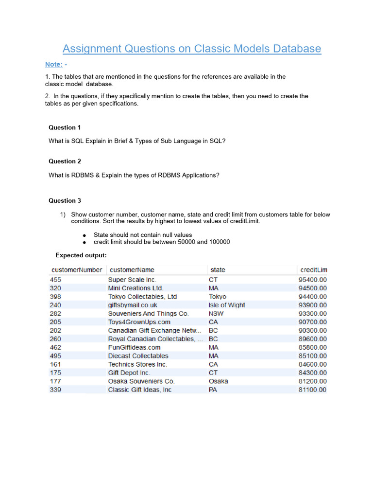 SQL Assignment on Classicmodels | PDF | Data Management | Databases