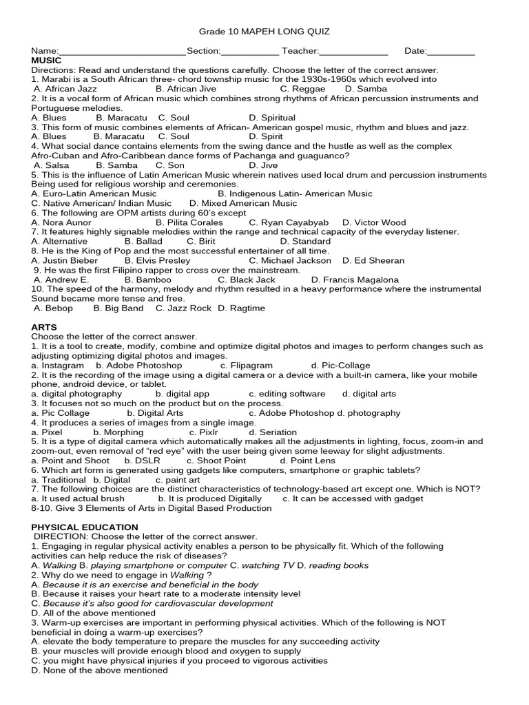 Grade 10 MAPEH Long Quiz Questions | PDF | Digital Photography ...