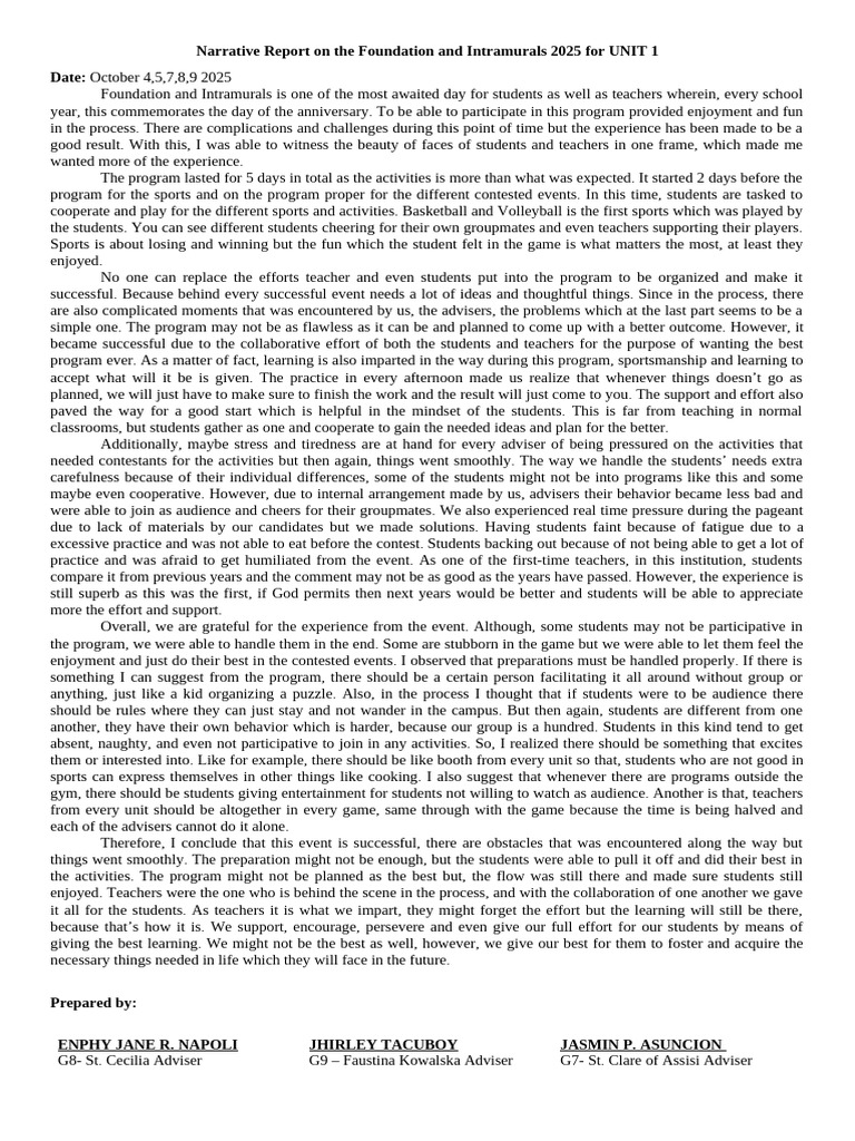 Foundation and Intramurals 2025 Report | PDF | Psychology | Behavioural ...