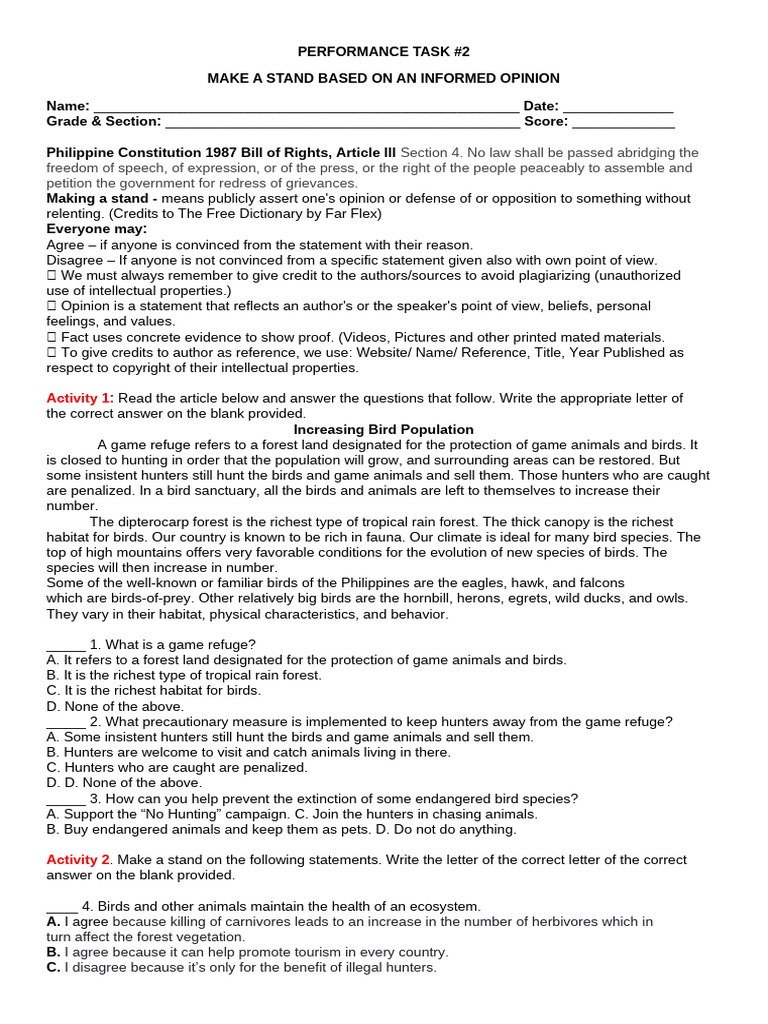 PERFORMANCE TASK-MAKE A STAND | PDF | Hunting | Birds