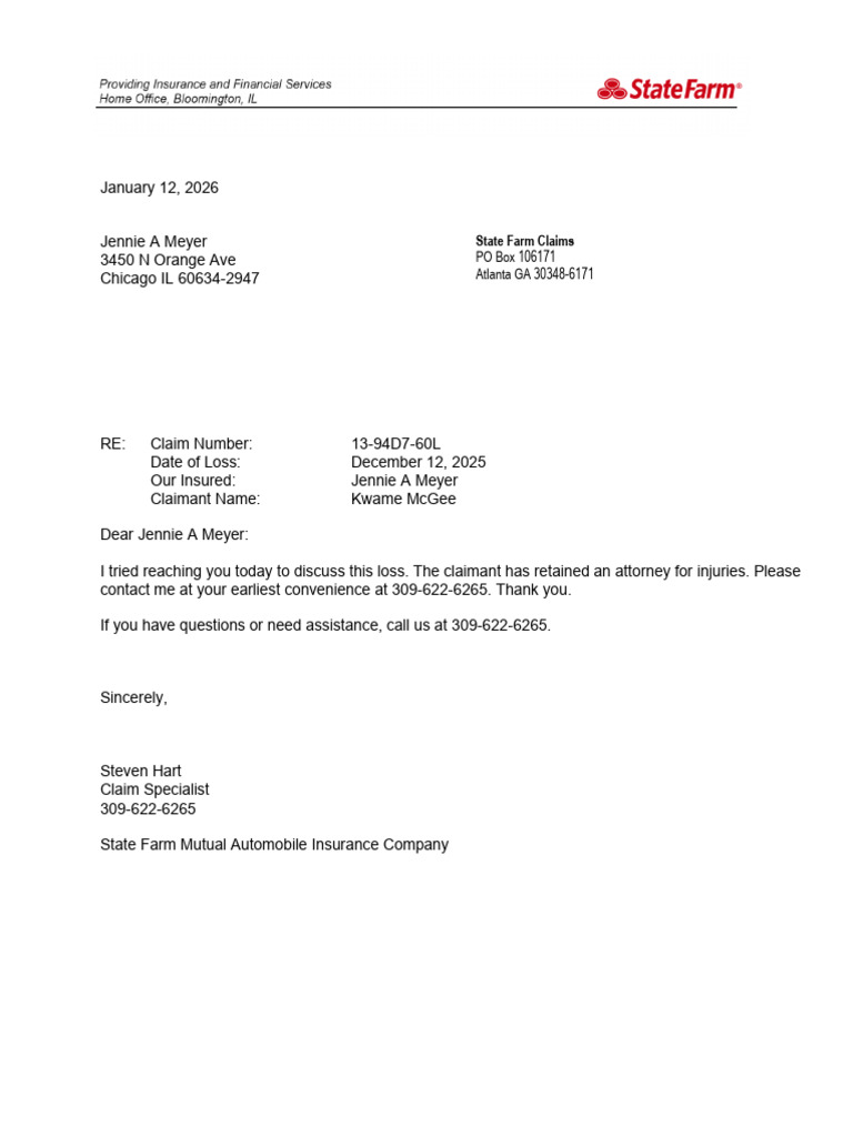State Farm Claim Update for Jennie Meyer | PDF