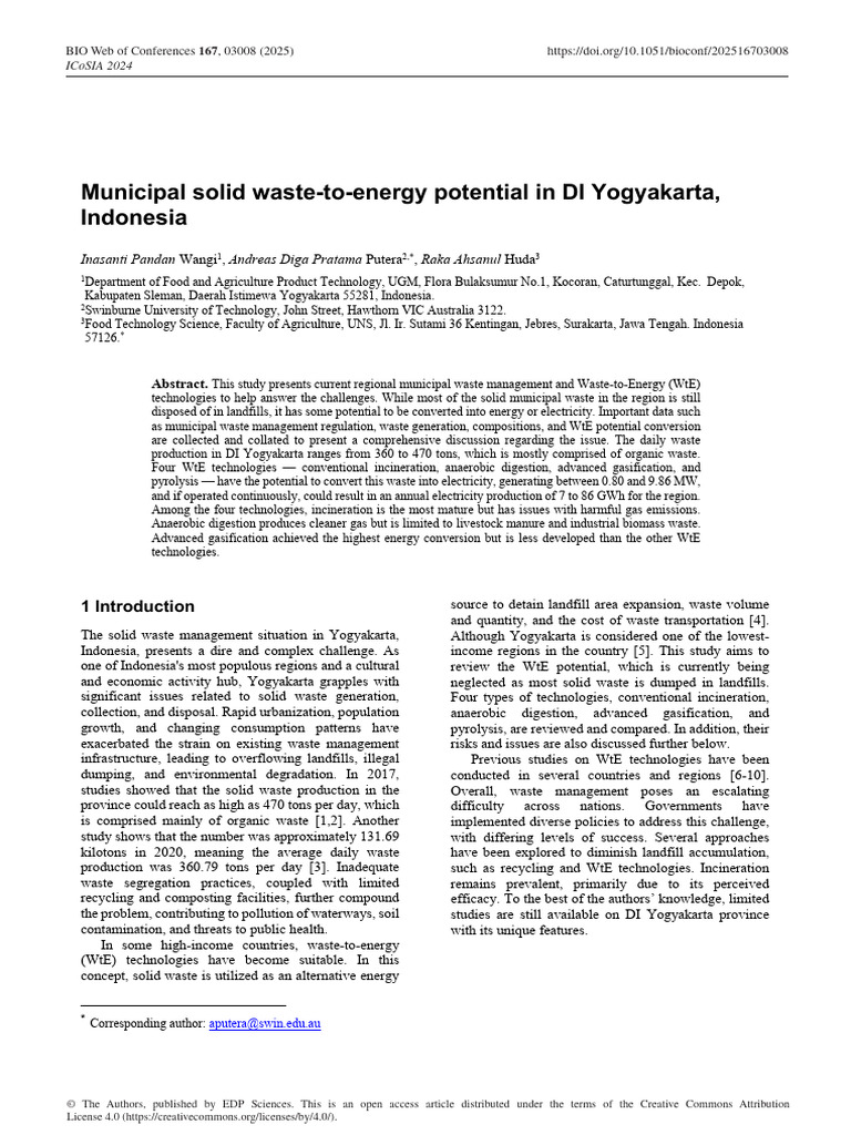 Waste-to-Energy Potential in Yogyakarta | PDF | Biofuel | Gasification