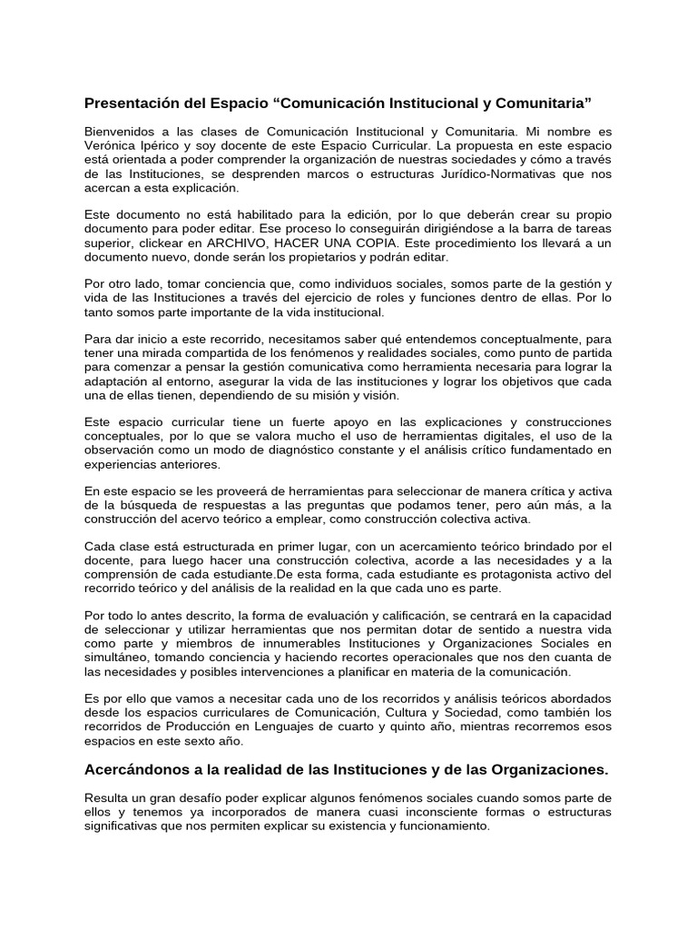 01-Presentación Del Espacio “Comunicación Institucional y Comunitaria” | PDF | Institución ...