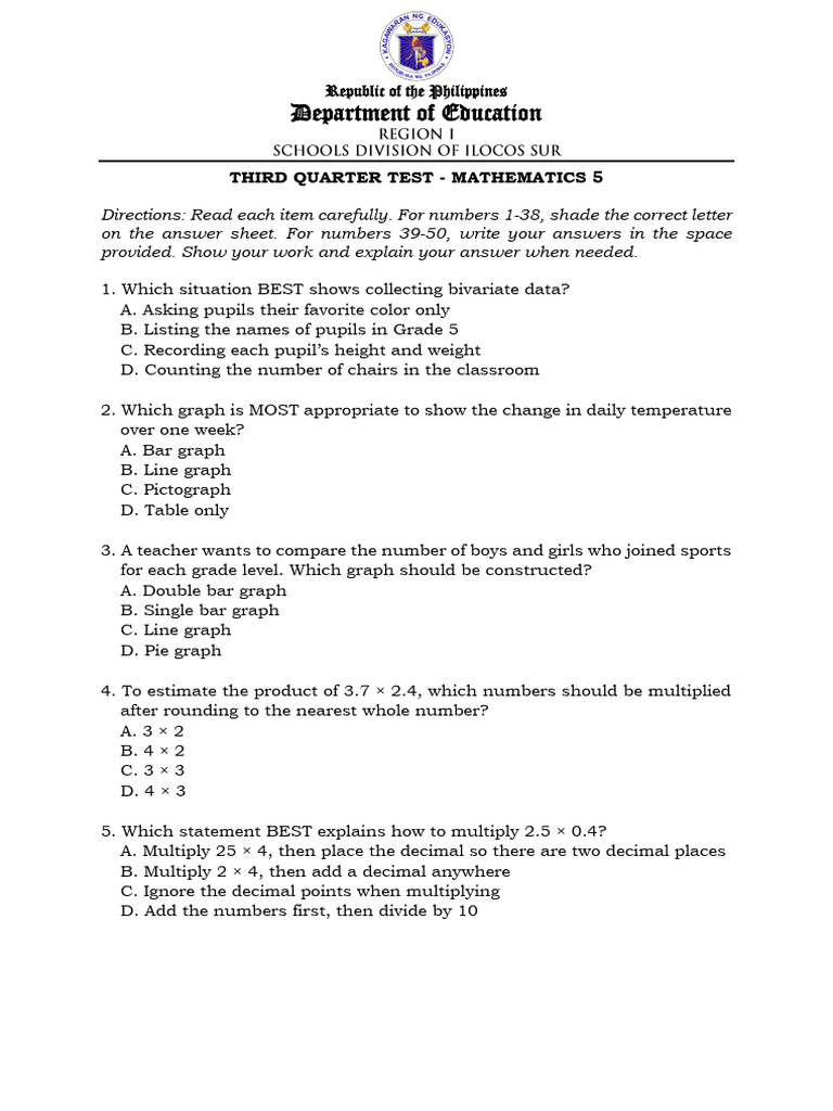 Third Quarter Math Test for Grade 5 | PDF | Division (Mathematics)