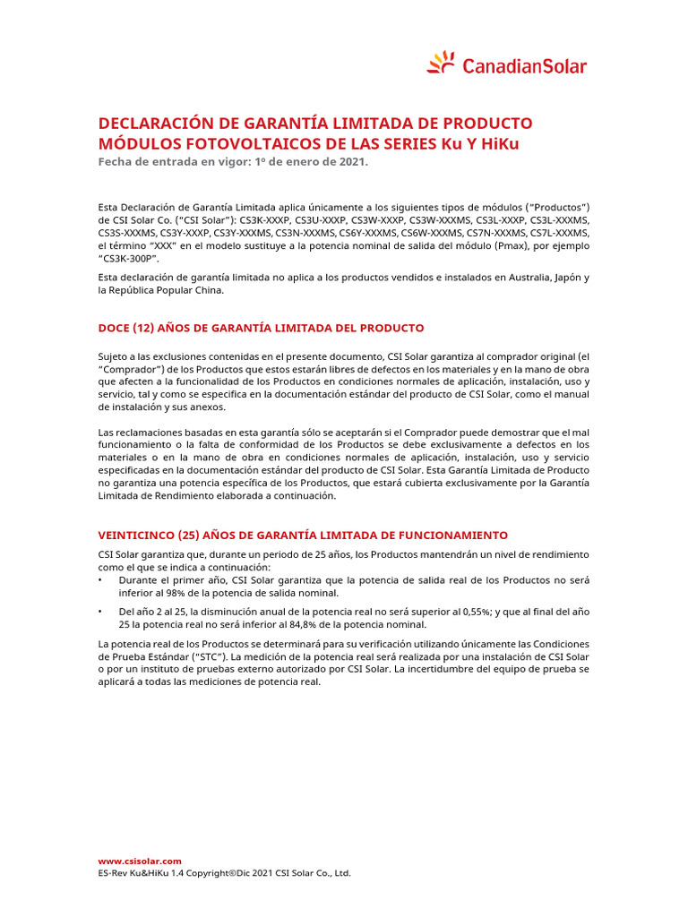 Es Warranty PV Module PV KuHiKu v1.4 TV (1) (2) | PDF | Derechos de autor